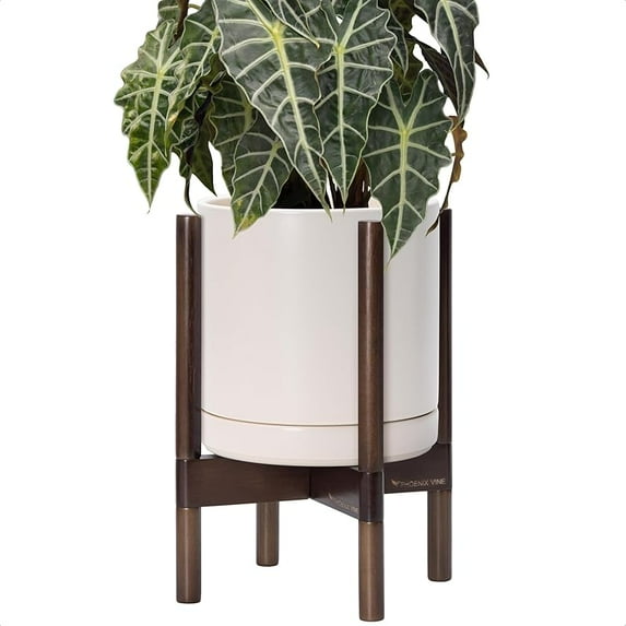 Ceramic Planter with Walnut Color Stand - 10 Inch Modern Round Flower ...