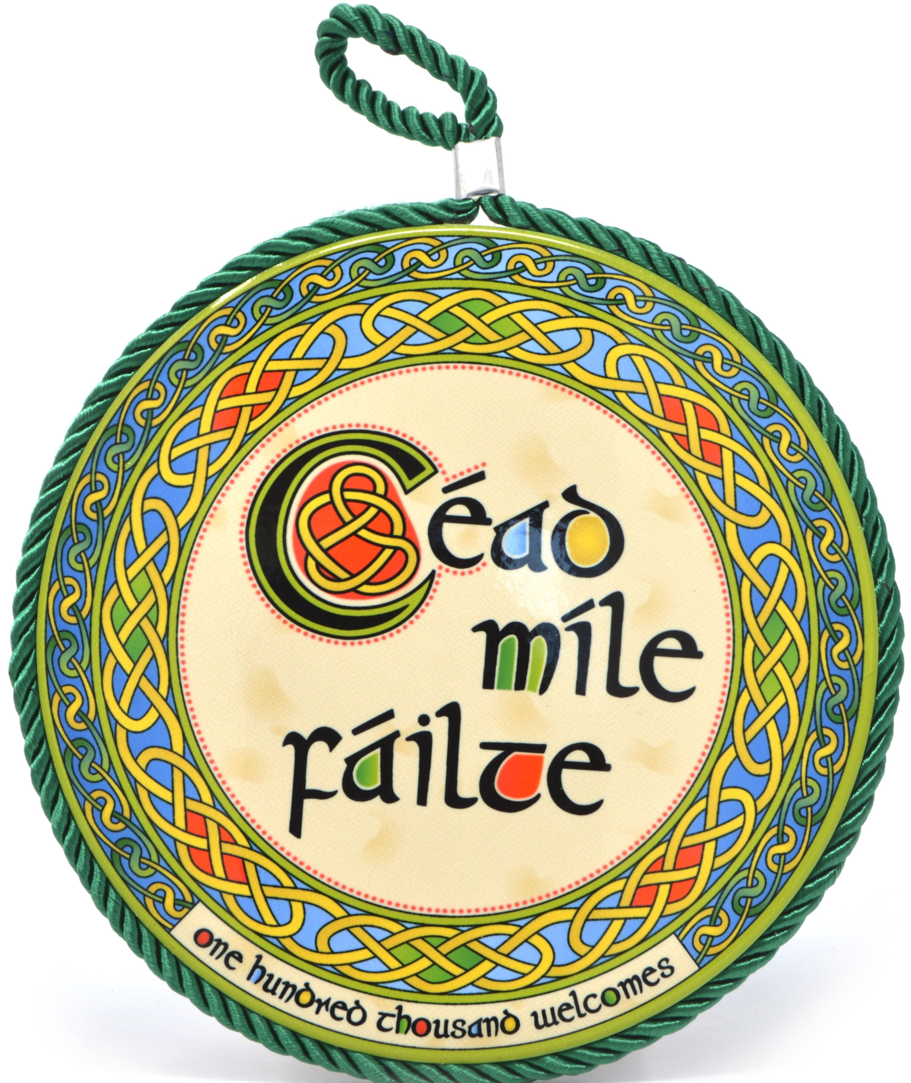 Ceramic Pot Stand Hanging Rope Plaque Cead Mile Failte 7'' Irish Weave ...