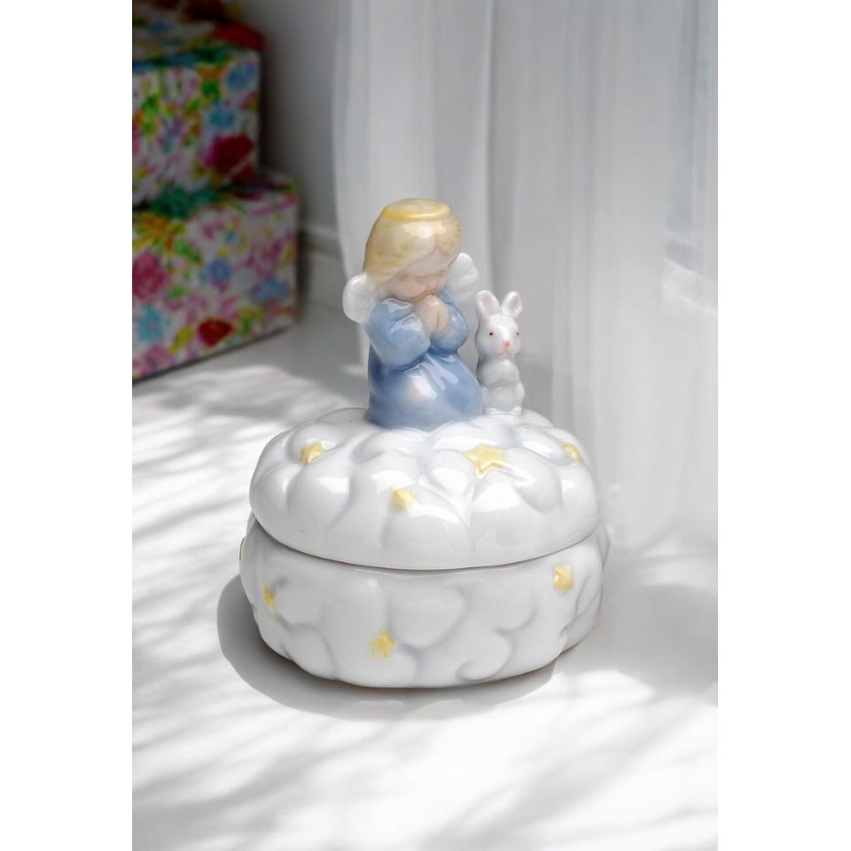 Ceramic Praying Angel with Rabbit Keepsake Box 3in Nursery Decor ...
