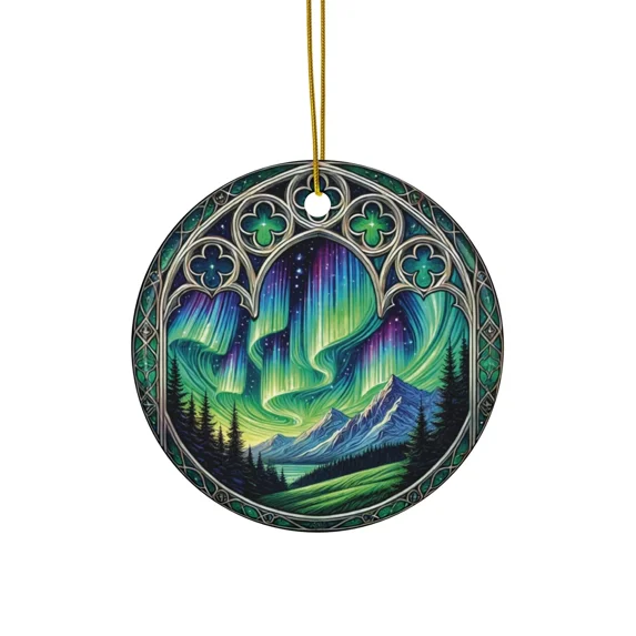 Ceramic Printed Ornament: Enchanting Northern Lights Over Mountain ...