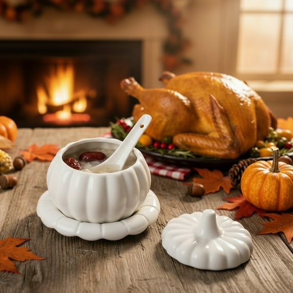 Ceramic Pumpkin Soup Bowl with Lid Stew Pot for Egg Steaming and Food ...