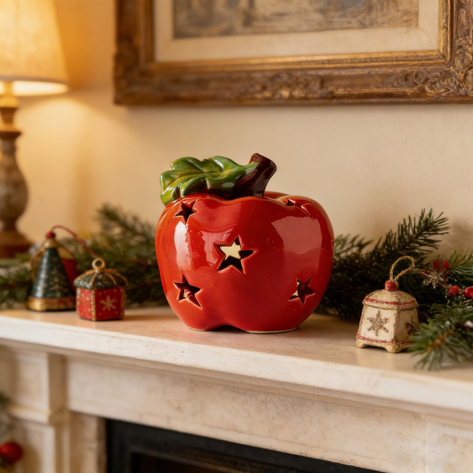Ceramic Red Apple Night Light • Battery Operated LED Table Lamp for ...