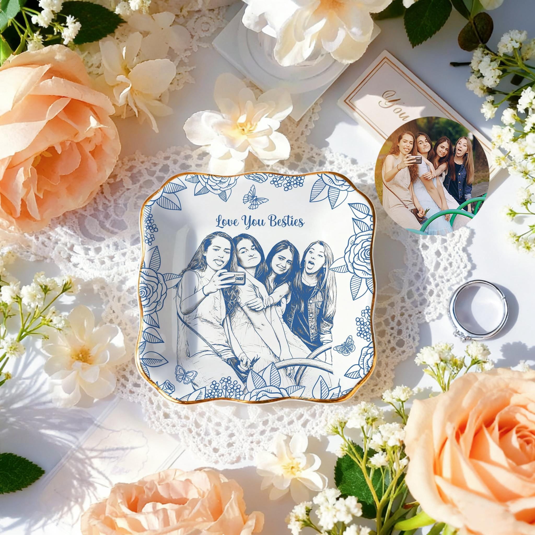 Ceramic Ring Dish, Wavy Square Jewelry Tray, Personalized Bestie Photo ...