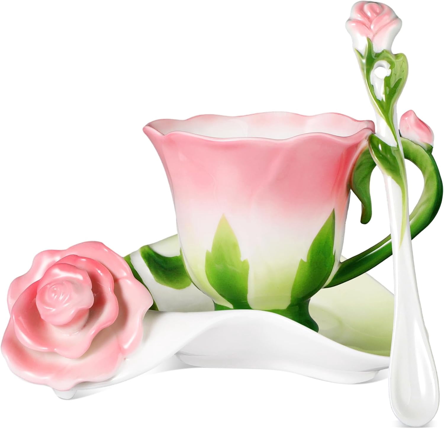 Ceramic Rose Tea Cups and Saucers with Spoon Rose Flower Shaped Cup and ...