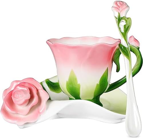 Ceramic Rose Tea Cups and Saucers with Spoon Rose Flower Shaped Cup and ...