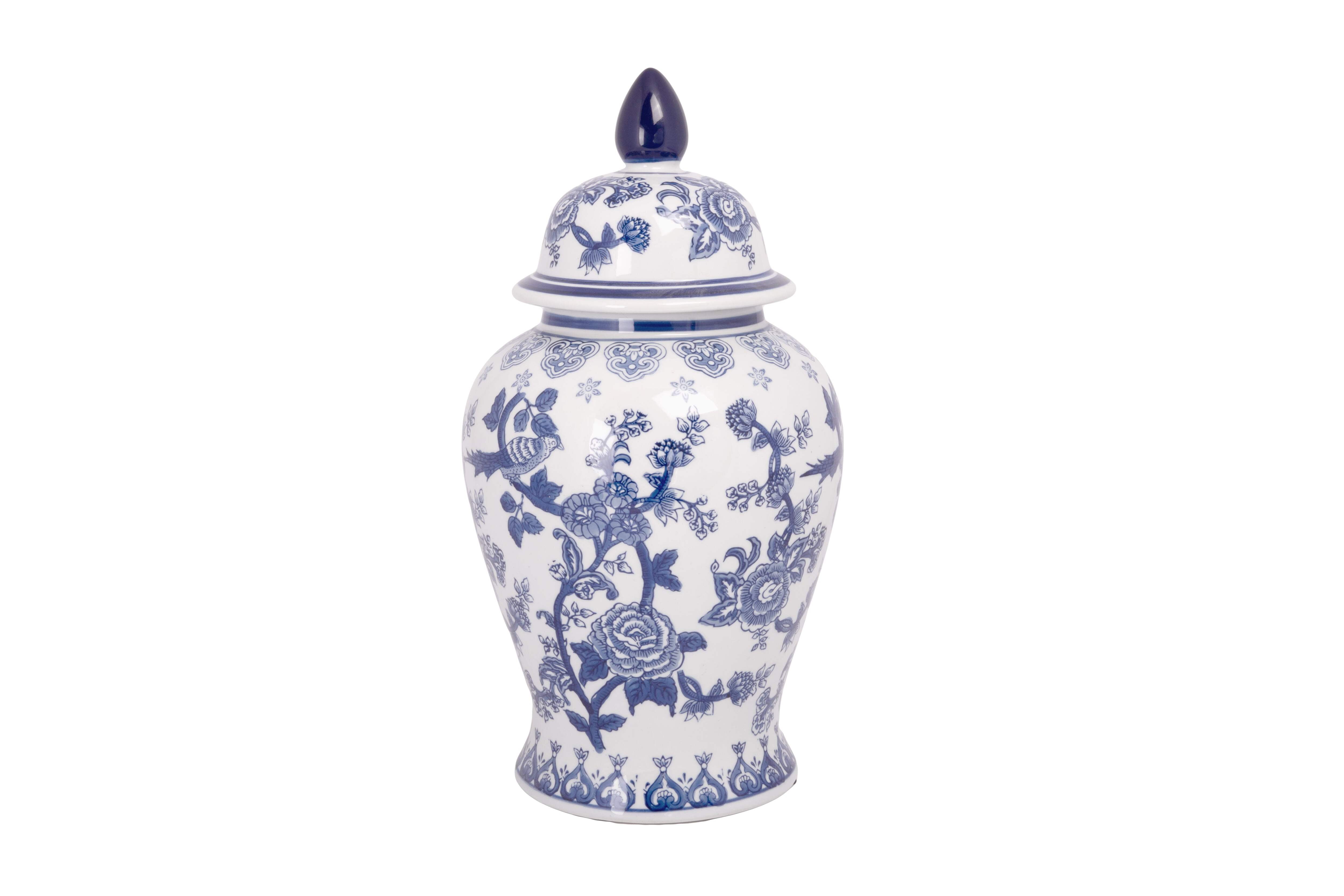 Ceramic Round Bellied Chinoiserie Ginger/Temple Jar with Azure Floral ...