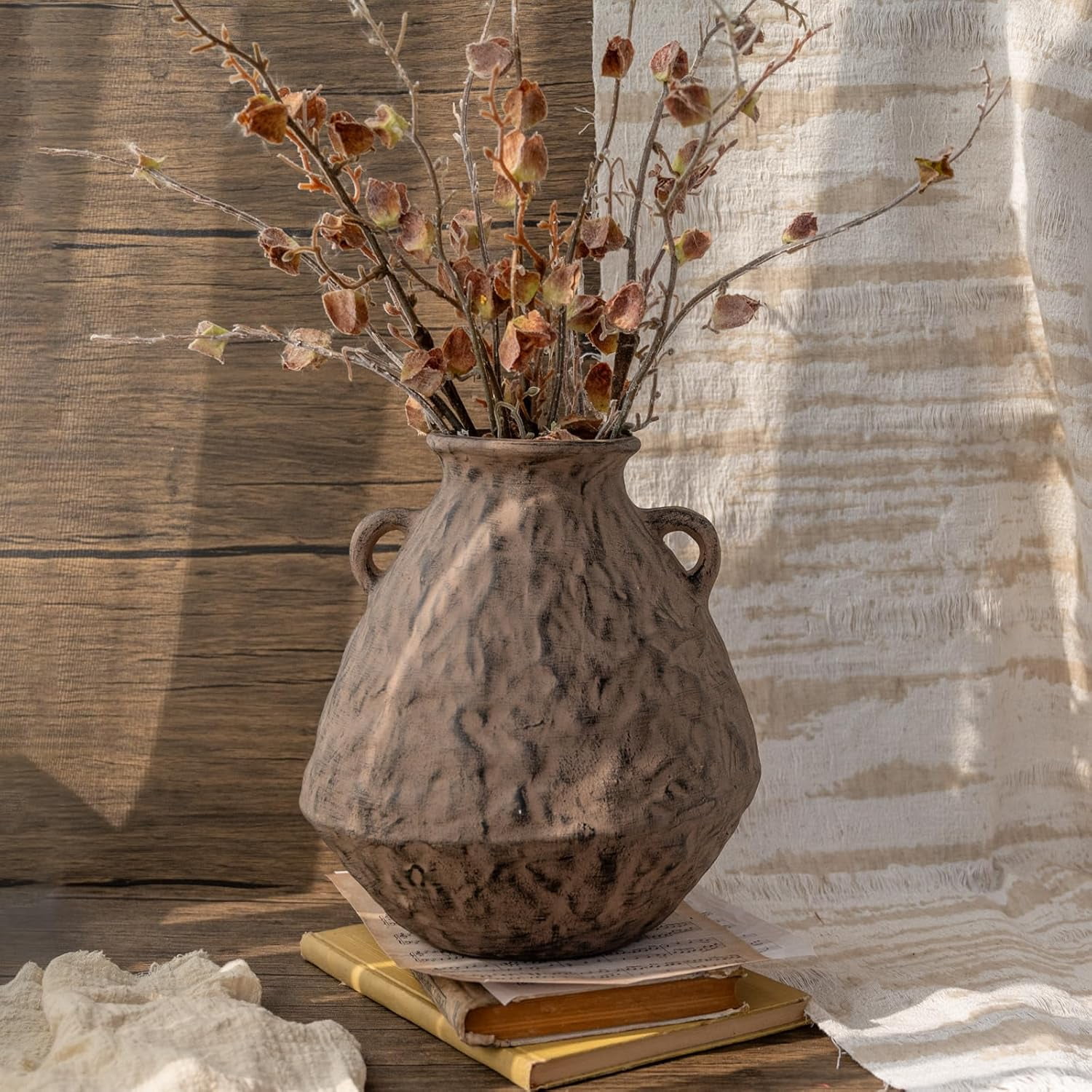 Ceramic Rustic Farmhouse Flower Vase, 10.6 Inch Vintage Clay Terracotta ...