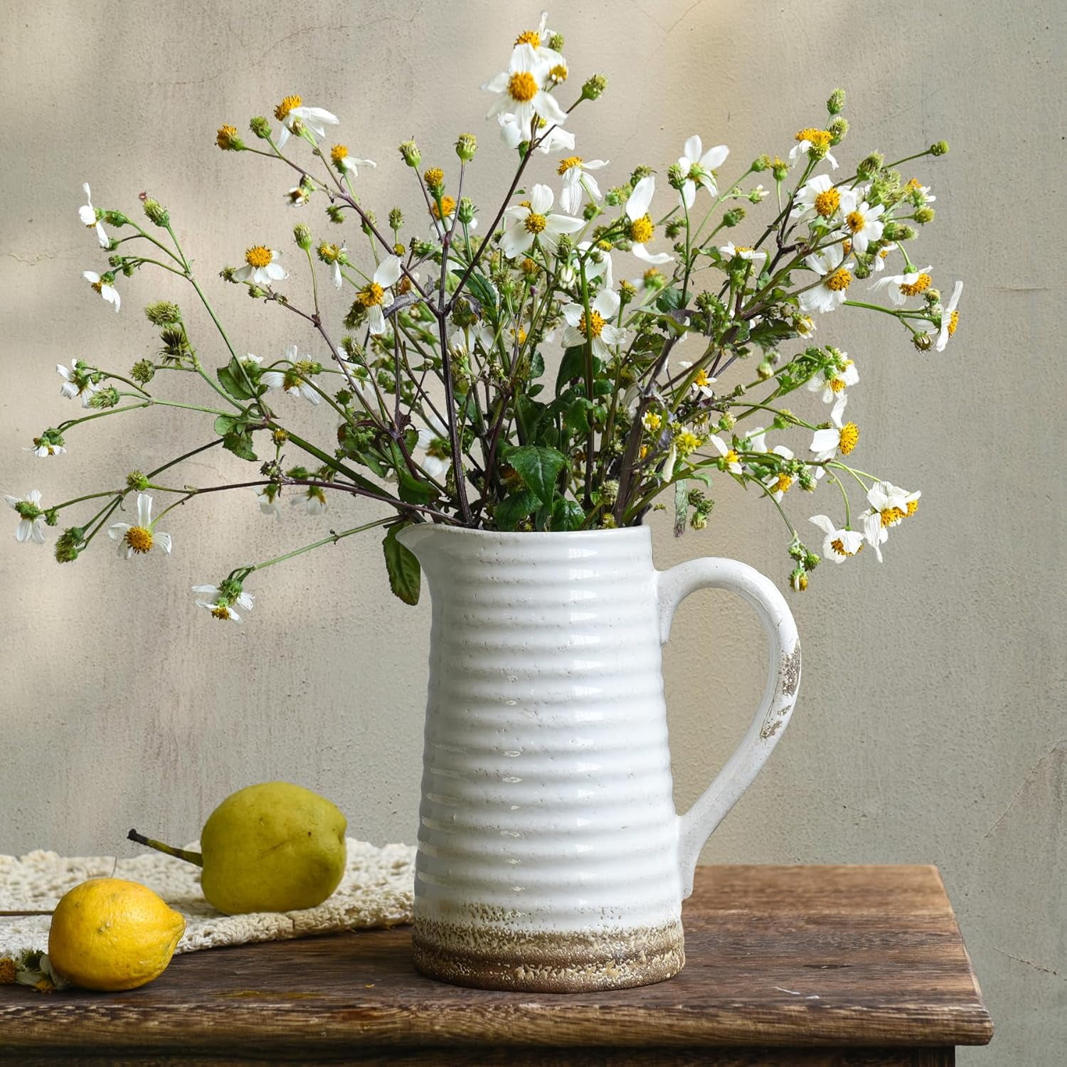 Ceramic Rustic Vase with Handle, White Distressed Decorative Farmhouse ...