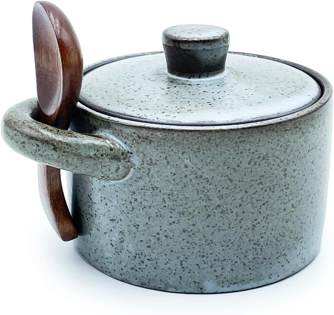 Ceramic Salt Cellar With Lid & Spoon,8oz Salt Container For Countertop ...
