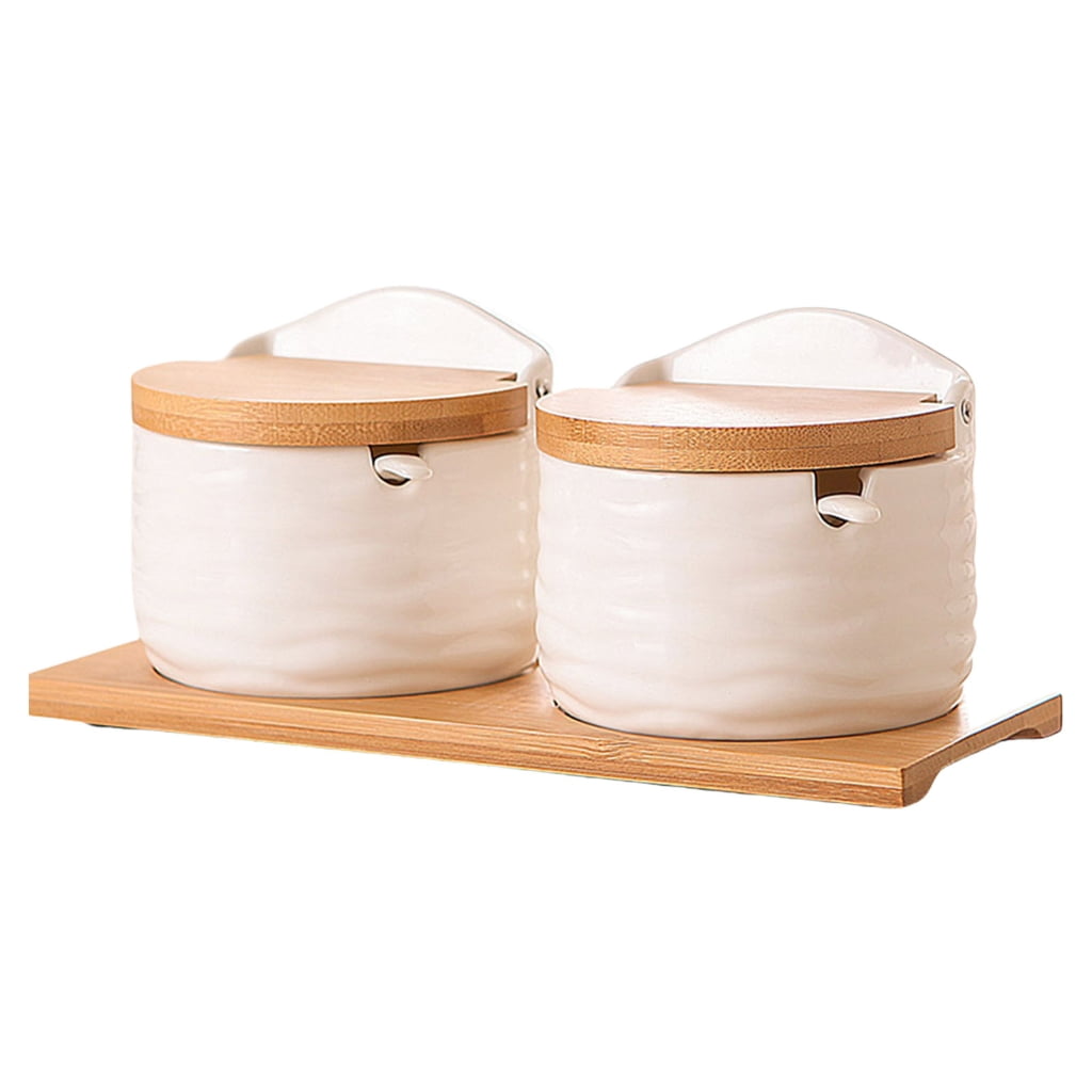 Ceramic Salt Holder with Bamboos Lid and Spoon Sugar Jar Seasoning ...
