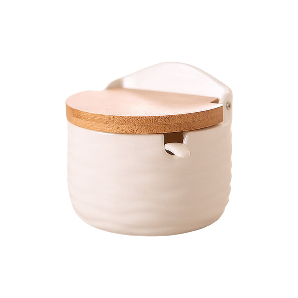 Ceramic Salt Holder with Bamboos Lid and Spoon Sugar Jar Seasoning ...