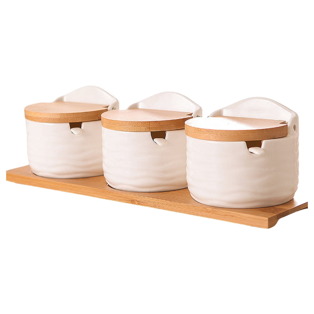 Ceramic Salt Holder with Bamboos Lid and Spoon Sugar Jar Seasoning ...