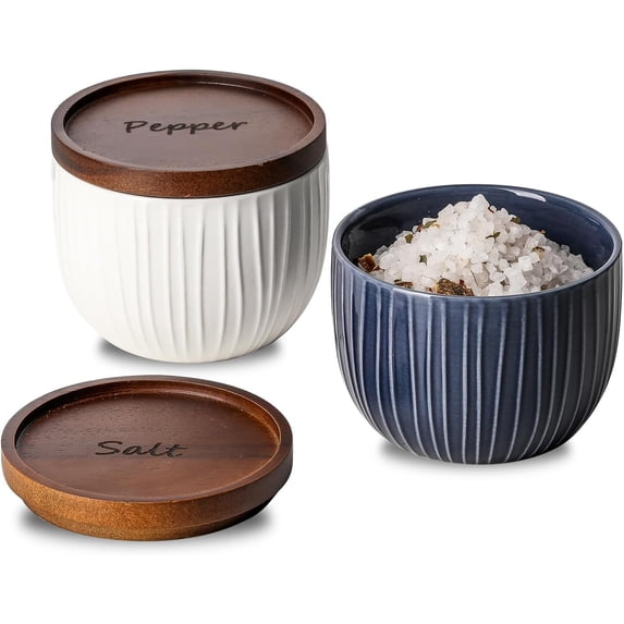 Ceramic Salt and Pepper Bowls: 10 oz Stackable Spice Cellar with Wooden ...