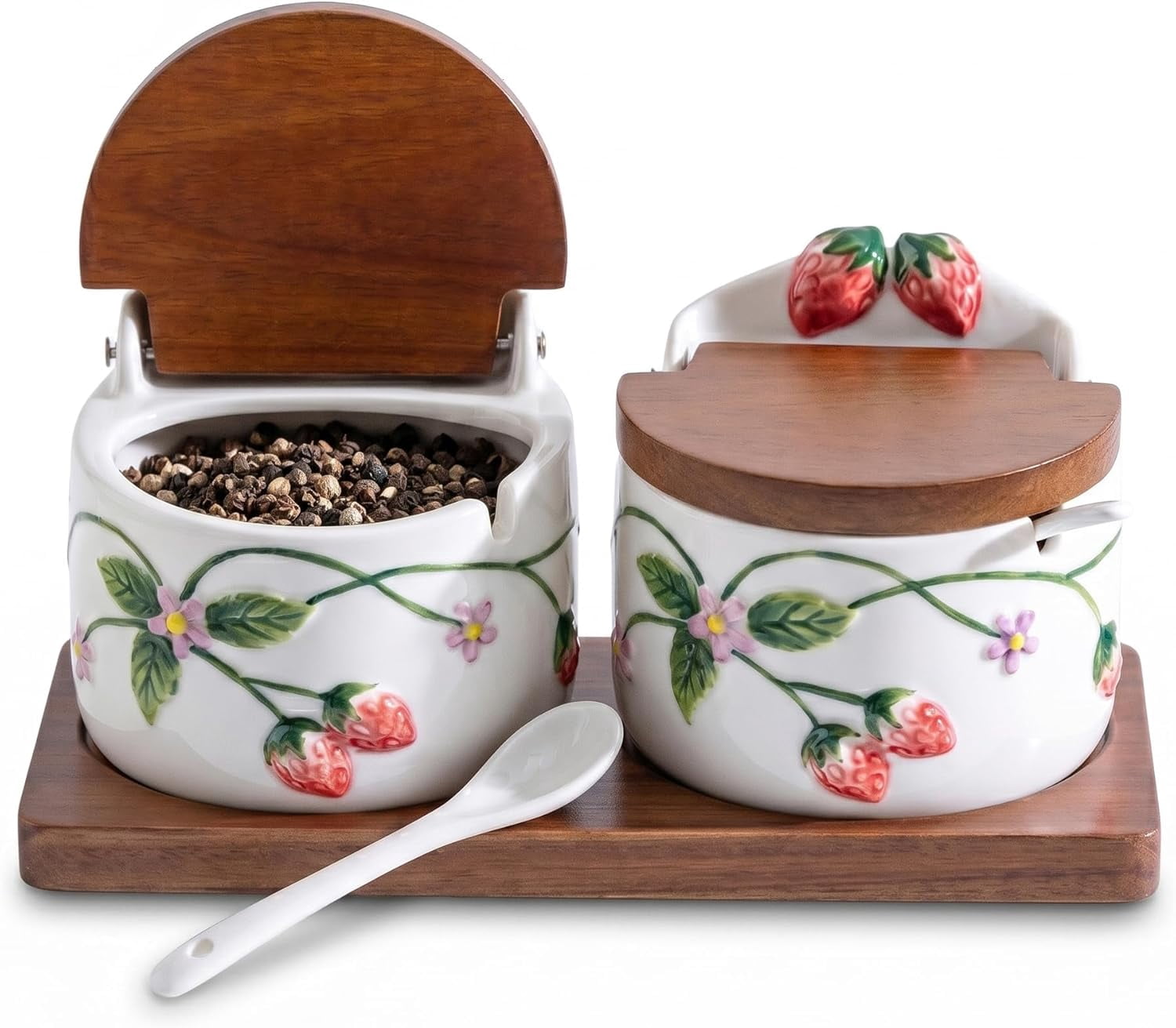 Ceramic Salt and Pepper Cellar Set with Spoons, Lids, and Tray ...