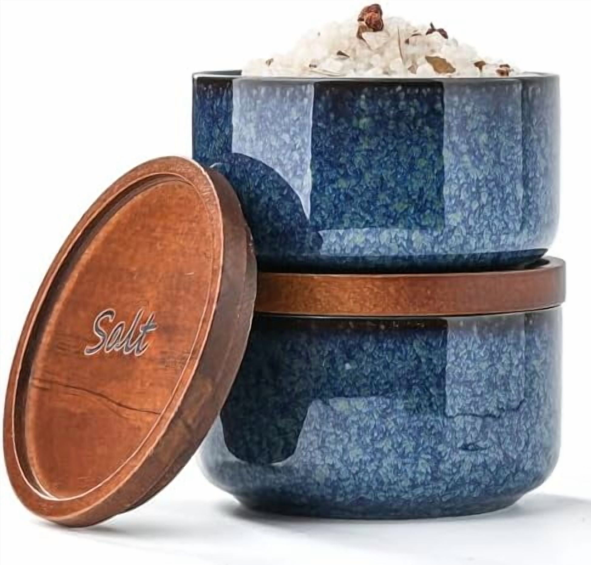 Ceramic Salt and Pepper Bowls: 9 oz Stackable Spice Cellars with Wooden ...