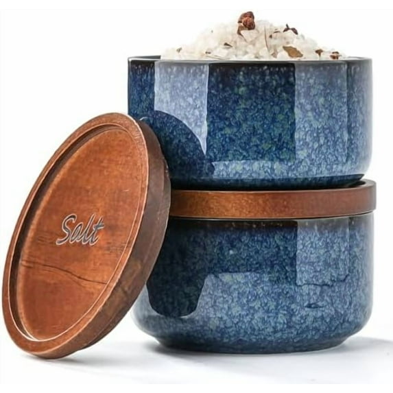 Ceramic Salt and Pepper Bowls: 9 oz Stackable Spice Cellars with Wooden ...