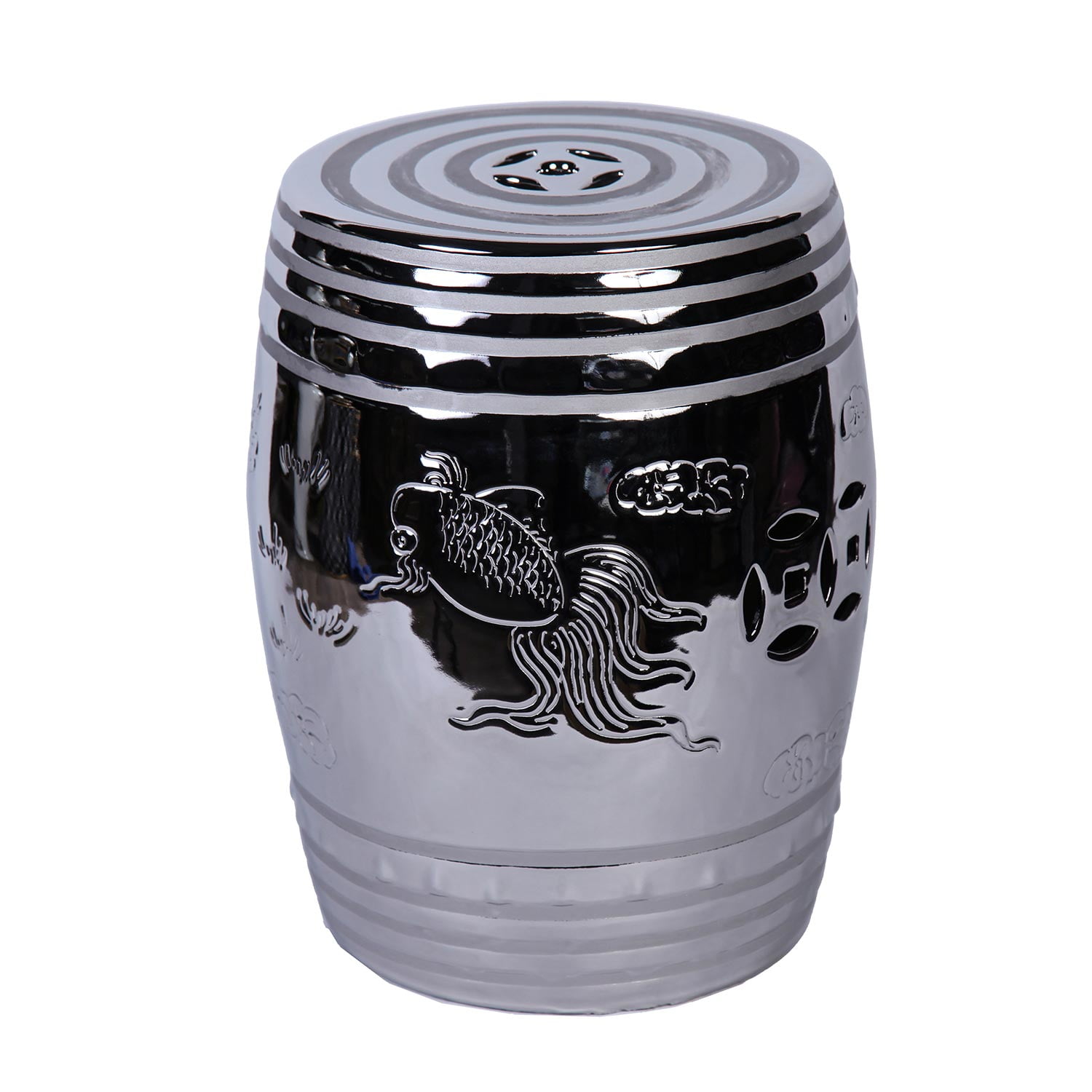 Ceramic Side Table with Etched Asian Design, Decorative Accent Table ...