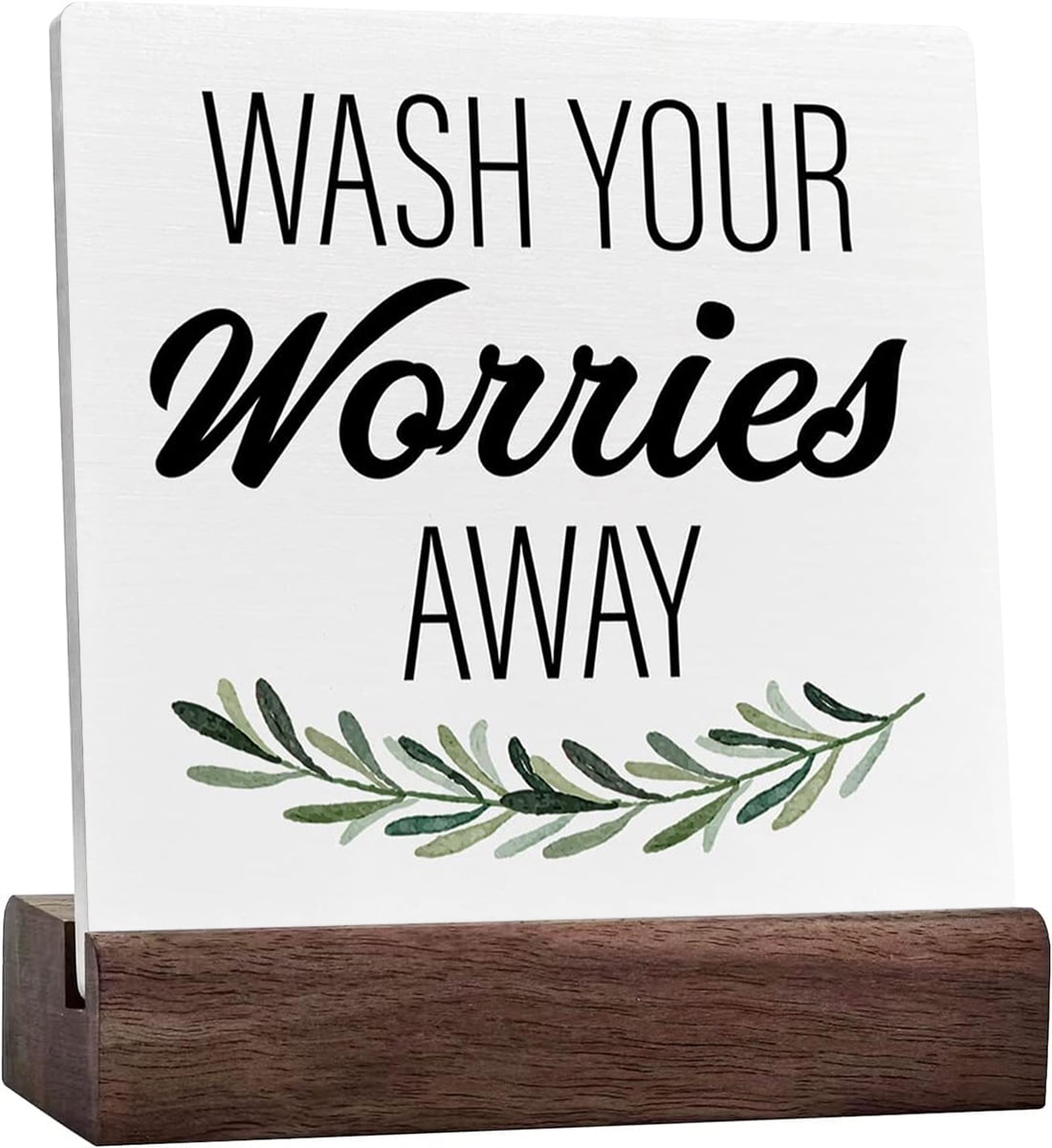 Ceramic Sign 4x4 Inch Bathroom Plaque Sign with Wood Stand Wash Your Worries Away Bathroom ...
