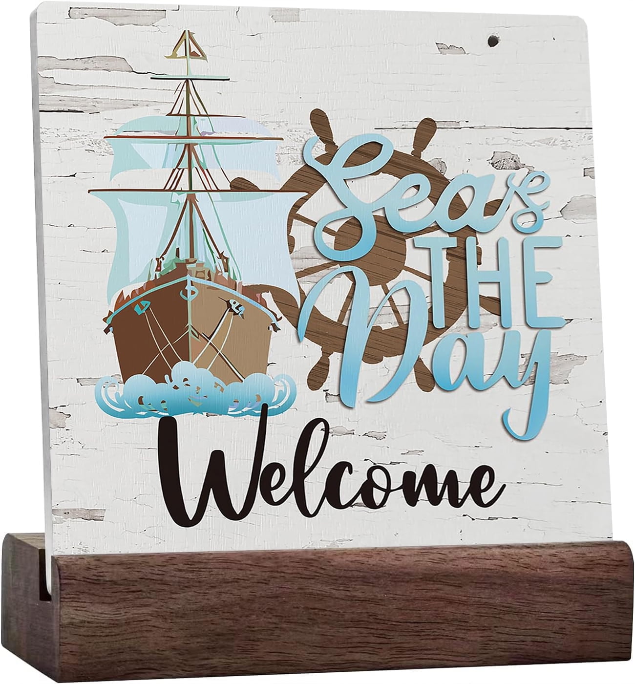 Ceramic Sign 4x4 Inch Seas The Day Welcome Sailboat Rustic Farmhouse ...