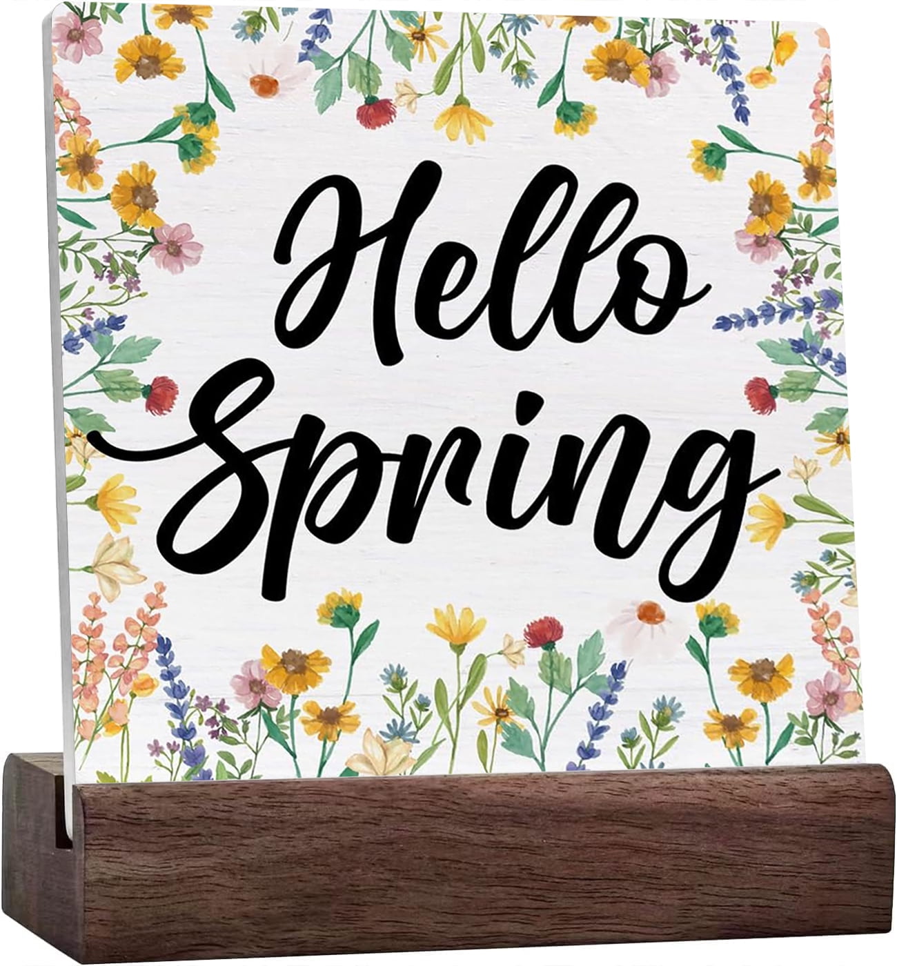 Ceramic Sign 4x4 Inch Spring Decor Rustic Hello Spring Flowers Wooden ...