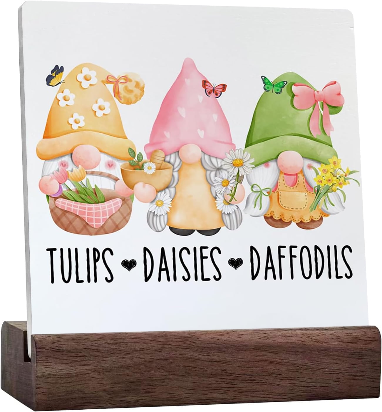 Ceramic Sign 4x4 Inch Spring Plaque Sign with Wood Stand Spring Gnomes ...