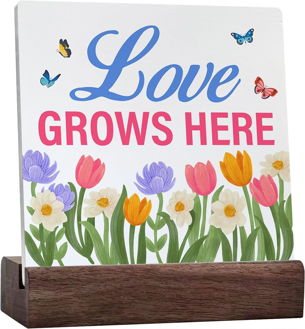 Ceramic Sign 4x4 Inch Spring Plaque Sign with Wood Stand Love Grows ...