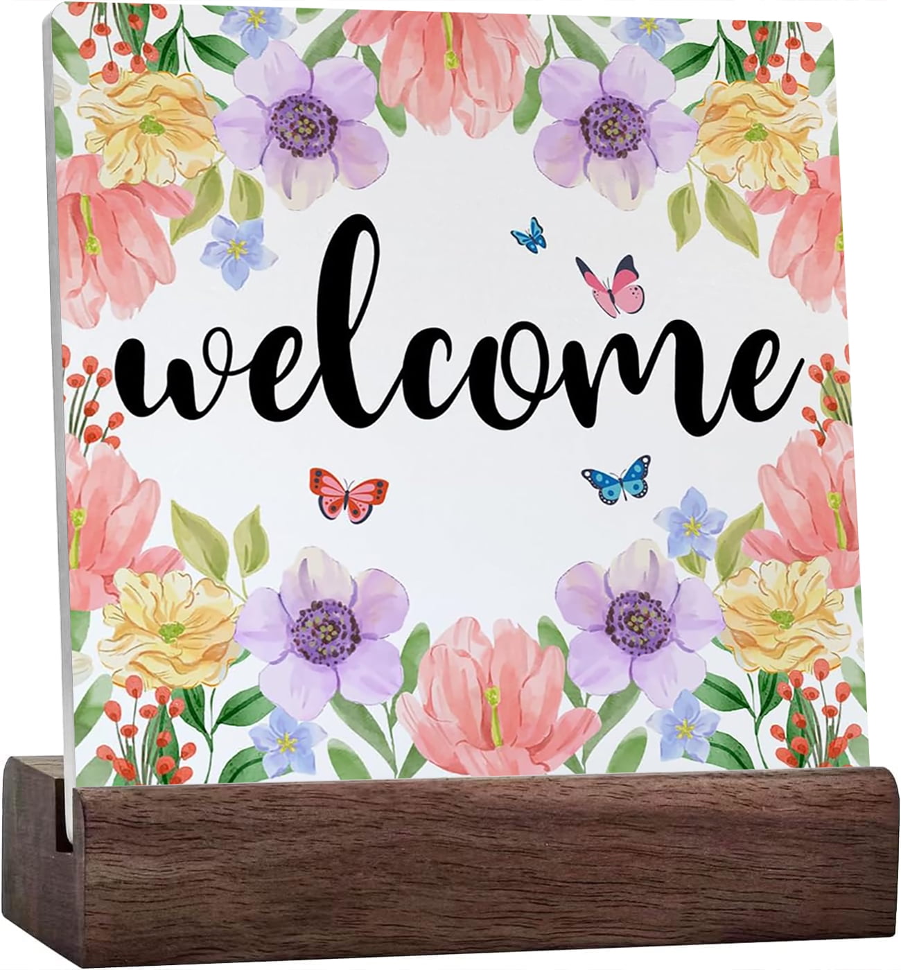 Ceramic Sign 4x4 Inch Spring Plaque Sign with Wood Stand Welcome Spring ...