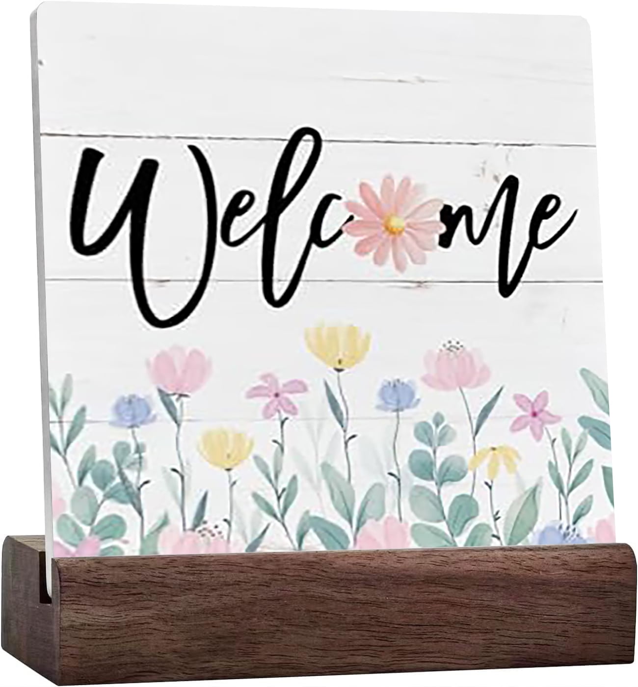 Ceramic Sign 4x4 Inch Welcome Sign Wooden Stand Desk Decor White Wooden ...