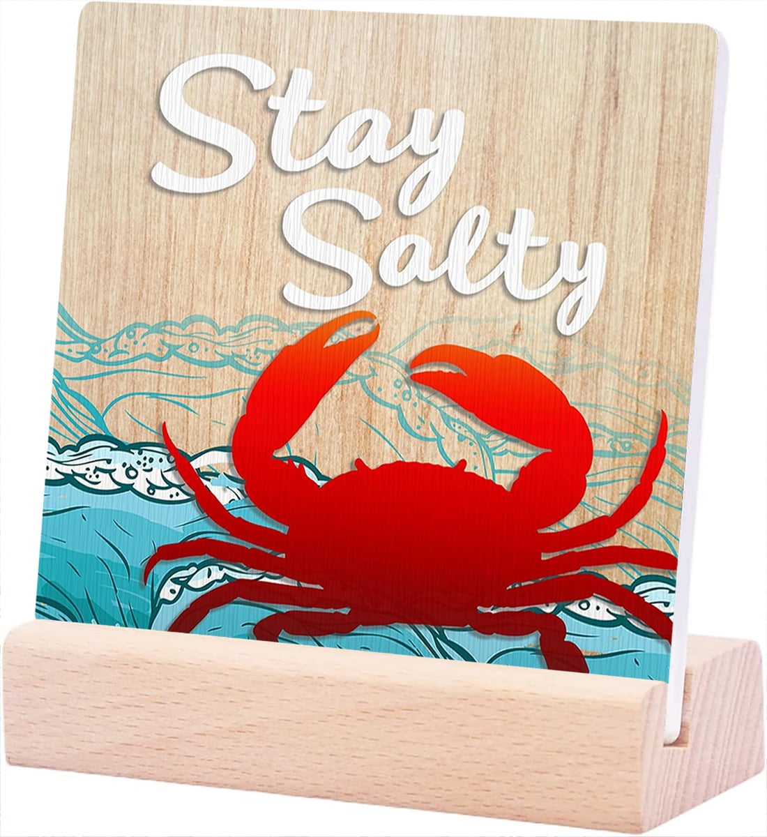 Ceramic Sign 4x4Inch Beach Crab Decor Stay Salty Plaque Sign with Wood ...
