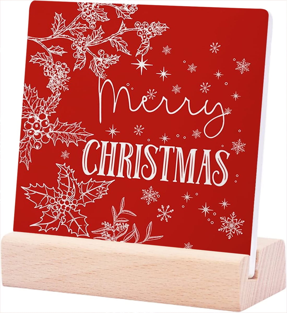 Ceramic Sign 4x4Inch Christmas Plaque Sign with Wood Stand Merry ...