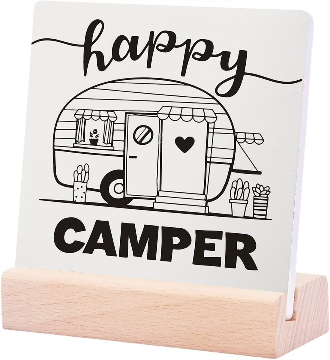 Ceramic Sign 4x4Inch Happy Camper Camping Plaque Sign with Wood Stand ...