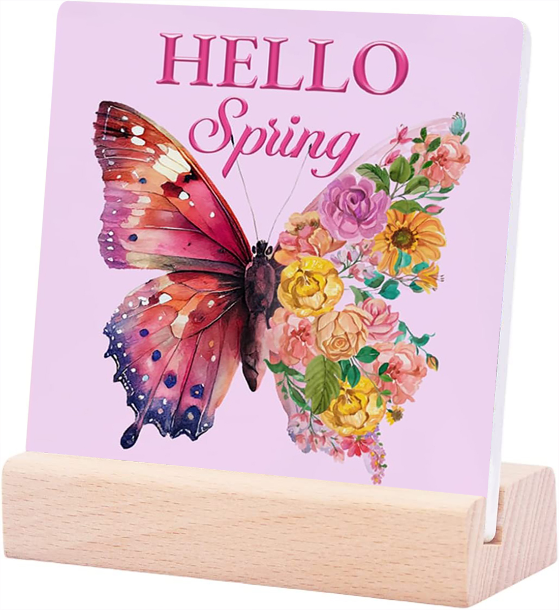 Ceramic Sign 4x4Inch Hello Spring Plaque Sign with Wood Stand Floral ...