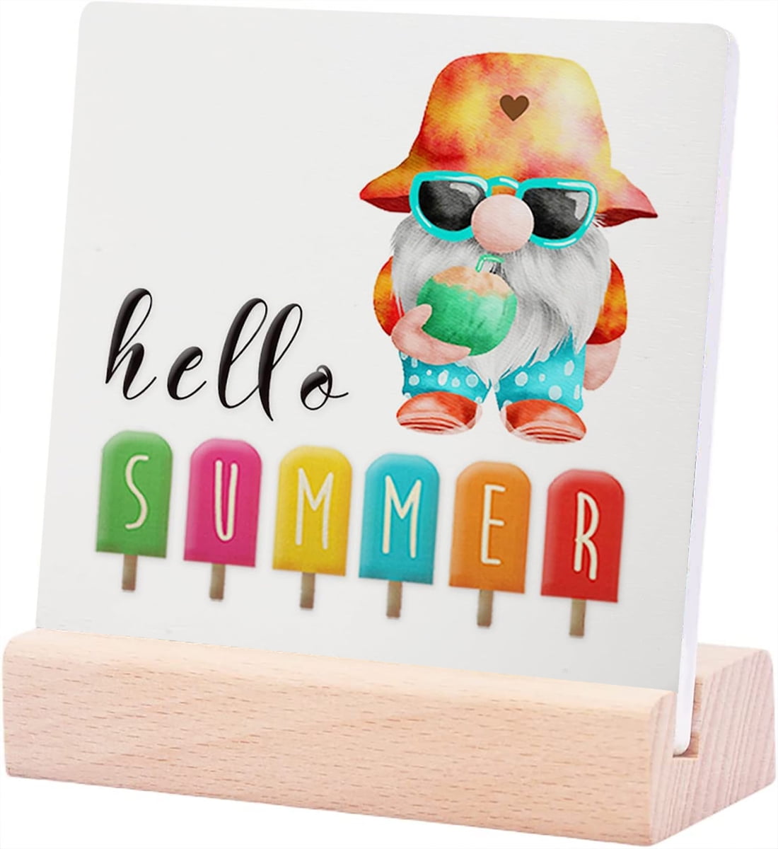 Ceramic Sign 4x4Inch Hello Summer Gnome Popsicle Ice Cream Plaque Sign ...