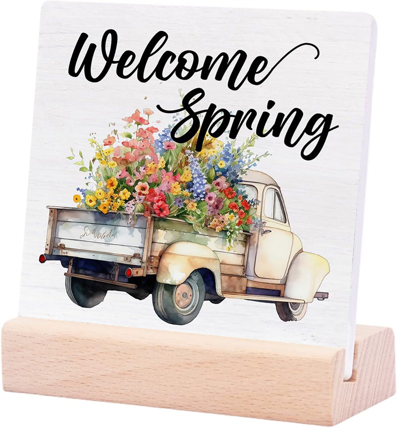 Ceramic Sign 4x4Inch Spring Decor Rustic Welcome Spring Wooden Stand ...