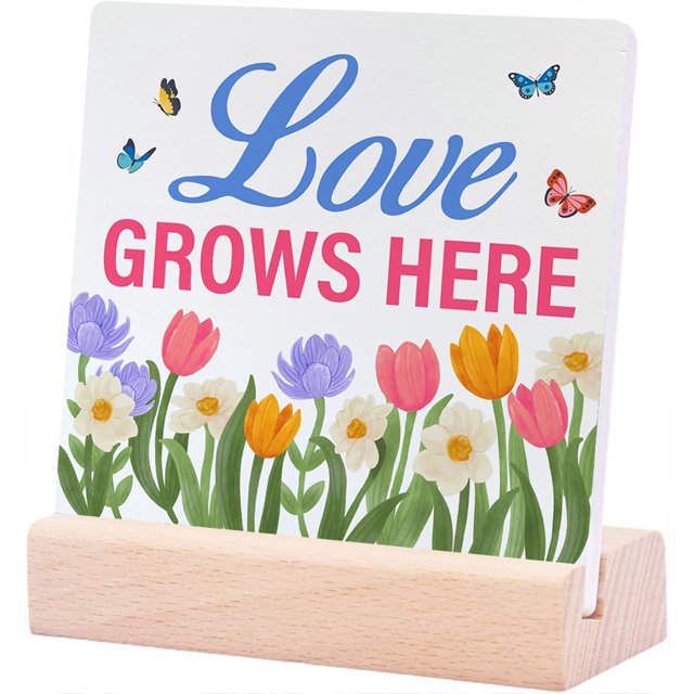 Ceramic Sign 4x4Inch Spring Plaque Sign with Wood Stand Love Grows Here ...