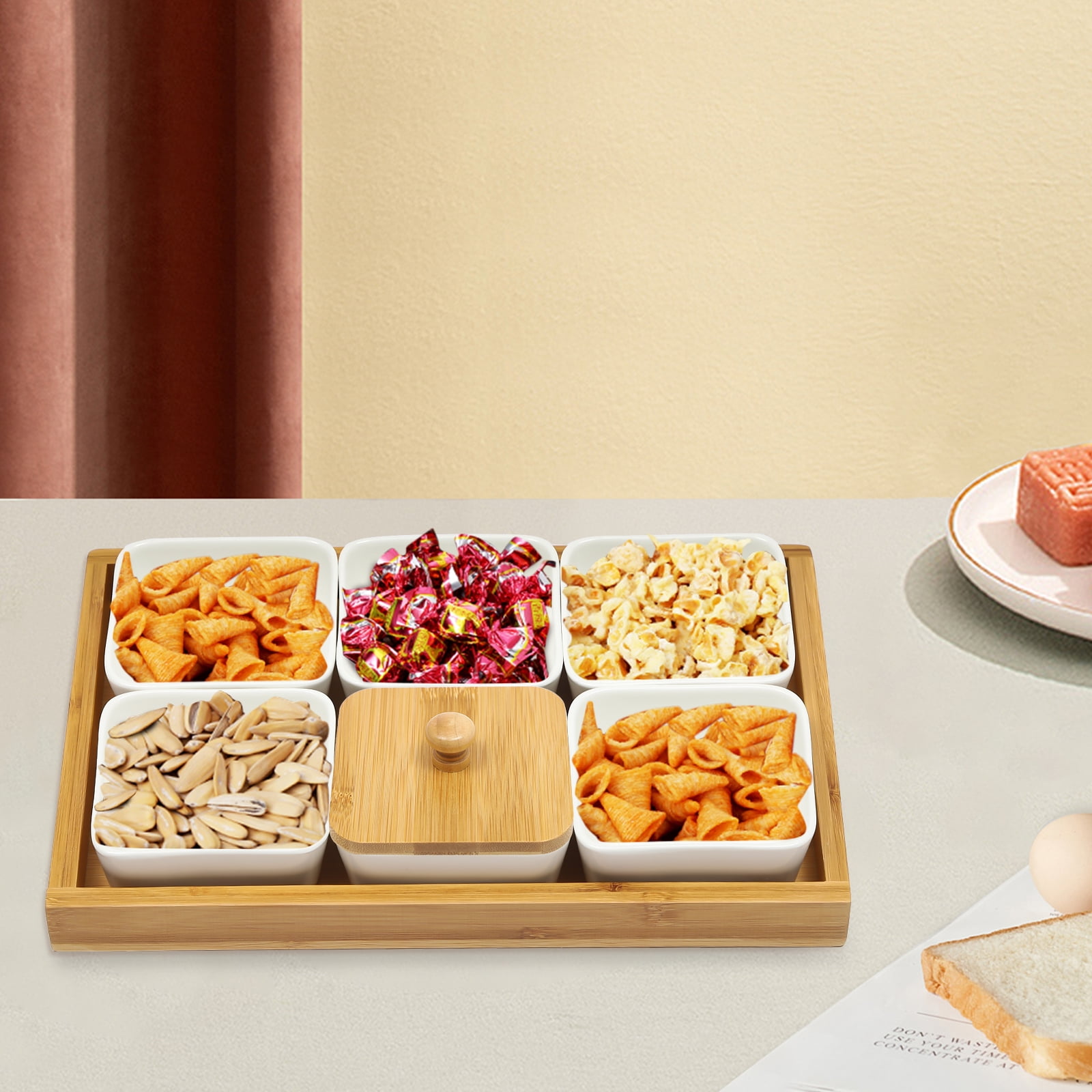 Ceramic Snack Serving Tray with Lids, 6-Piece Set, Bamboo Base ...
