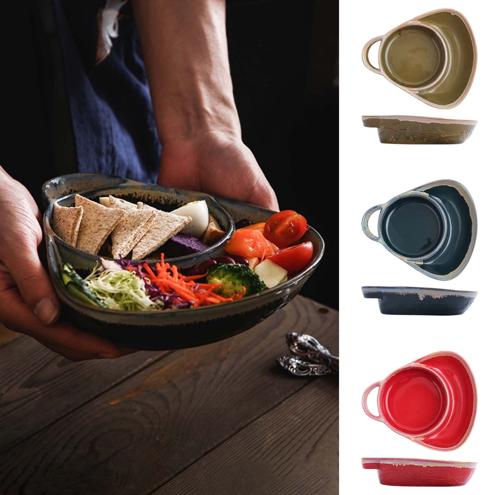 Ceramic Soup & Side Dish Divided Bowls Set, Chip & Dip Serving Plates ...