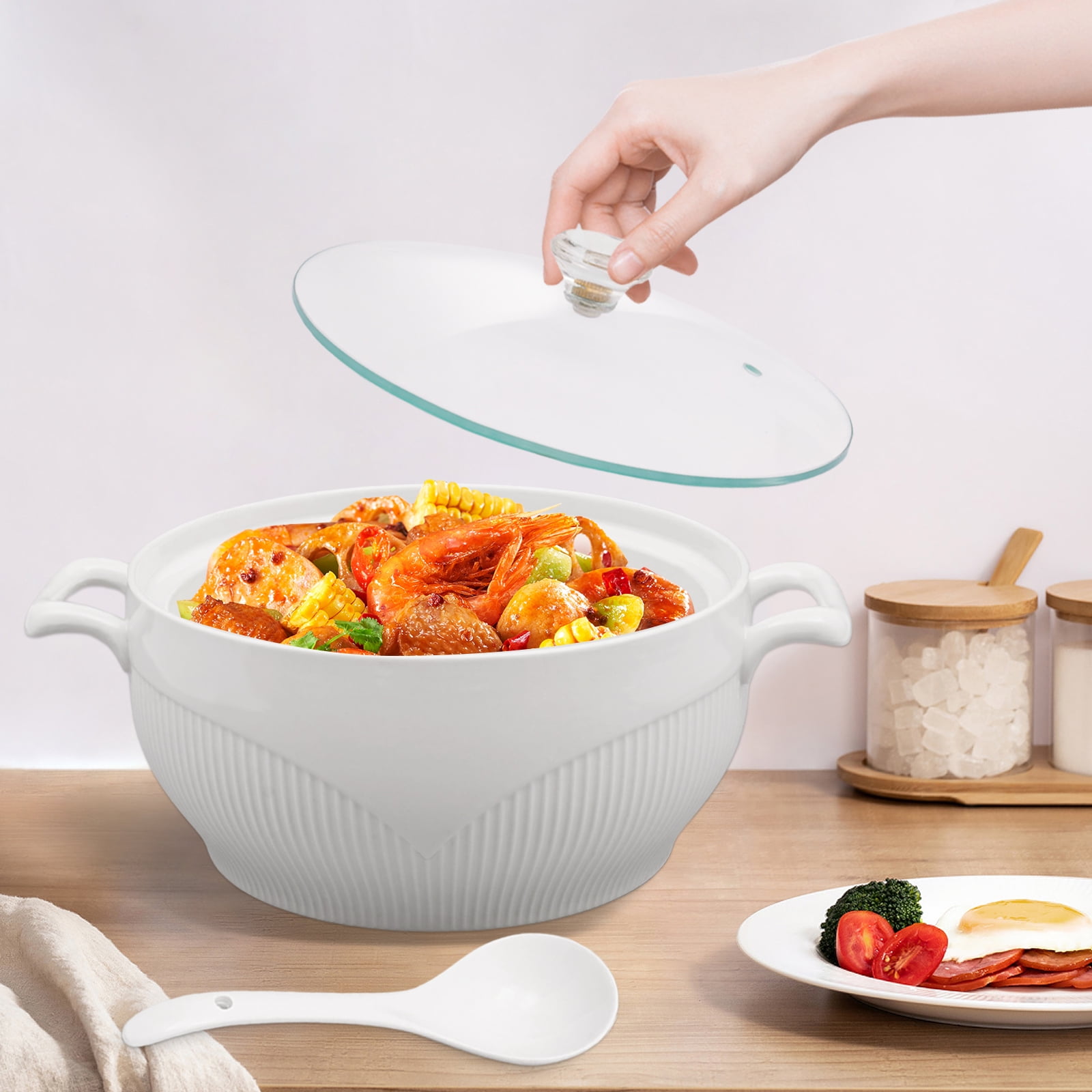 Ceramic Soup Tureen with Glass Lid, Porcelain Serving Soup Tureen for Restaurant Home Kitchen ...