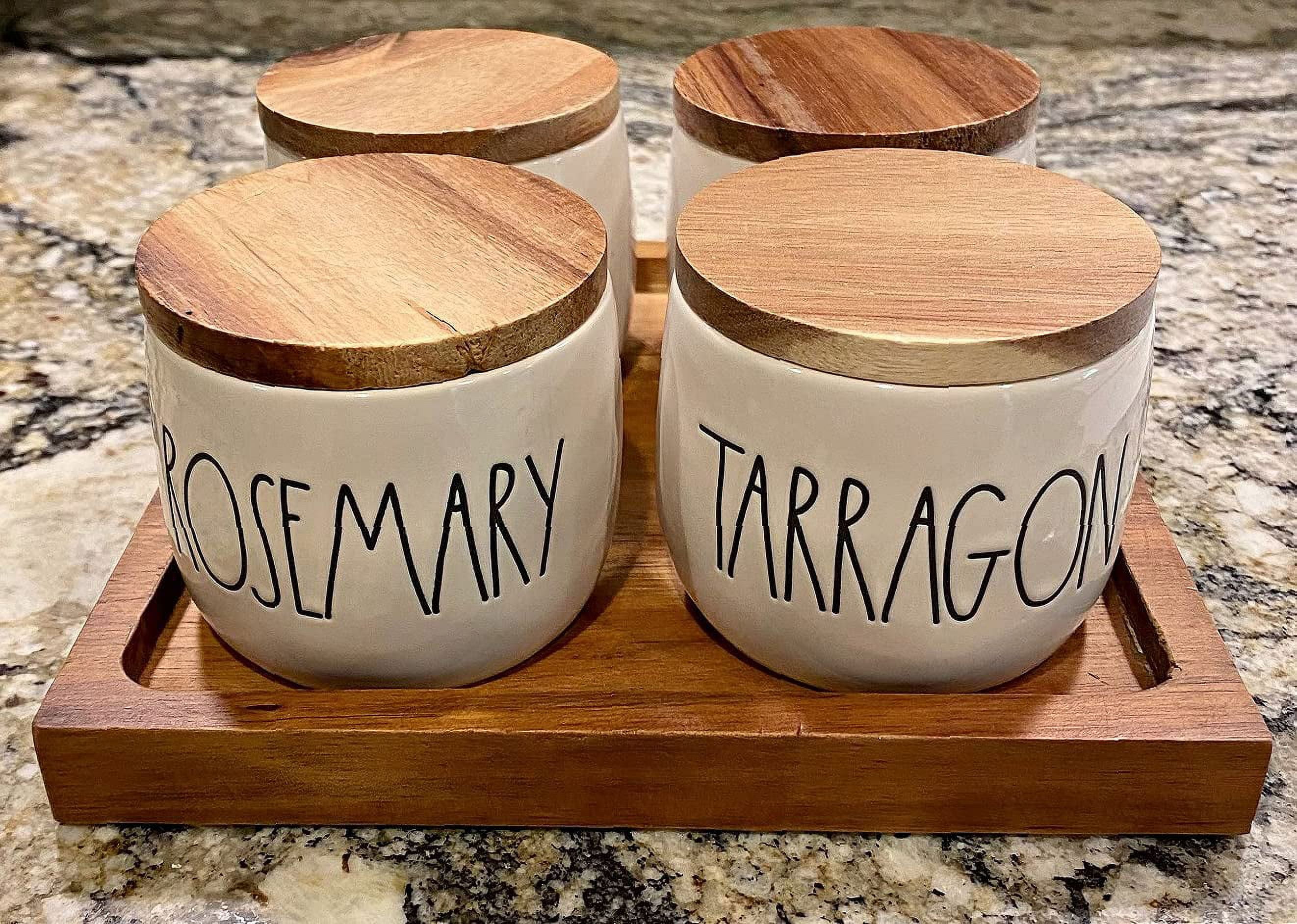 Ceramic Spice Jar Set (4) Diame with Wooden Lids and Wood Tray ...