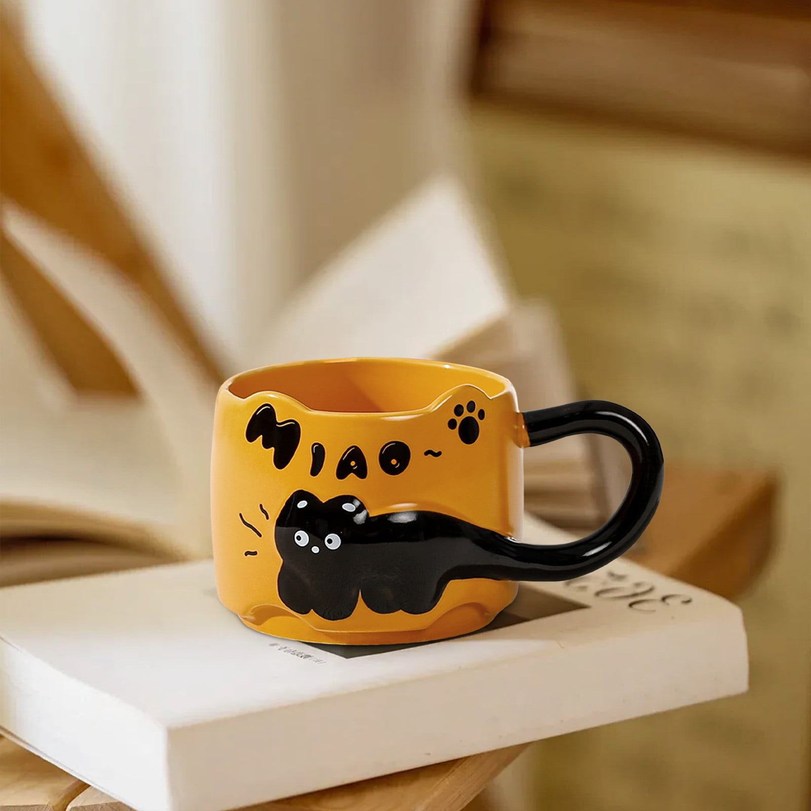 Ceramic Stackable Cat Mug - Relief Cup with Large Handle and English ...