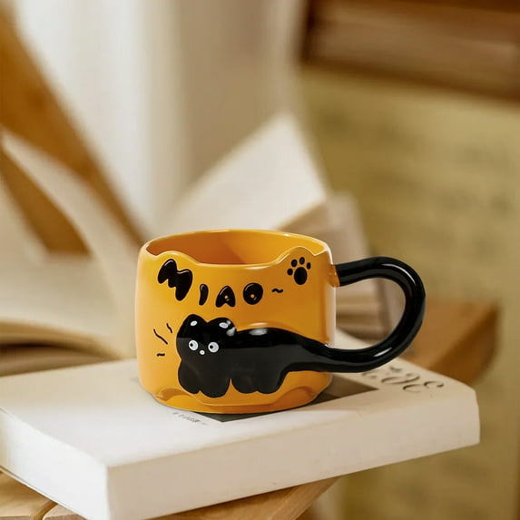 Ceramic Stackable Cat Mug - Relief Cup with Large Handle and English ...