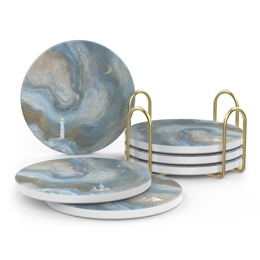 Ceramic Stone Coasters for Drinks Absorbent with Holder for Wooden ...