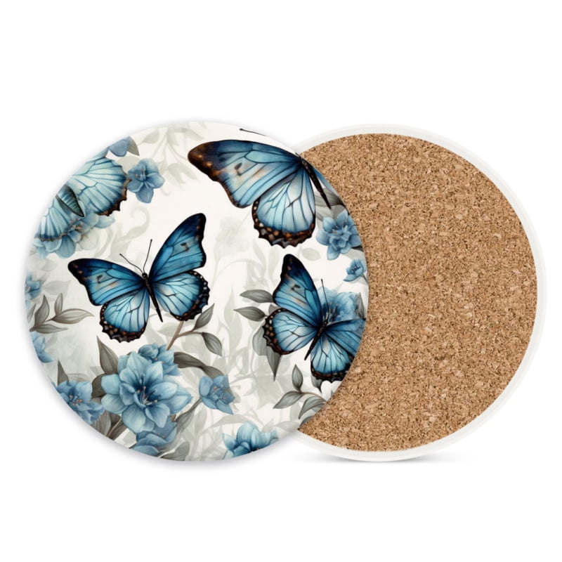 Ceramic Stone Coasters for Drinks Cup, Beautiful Blue Butterflies and ...