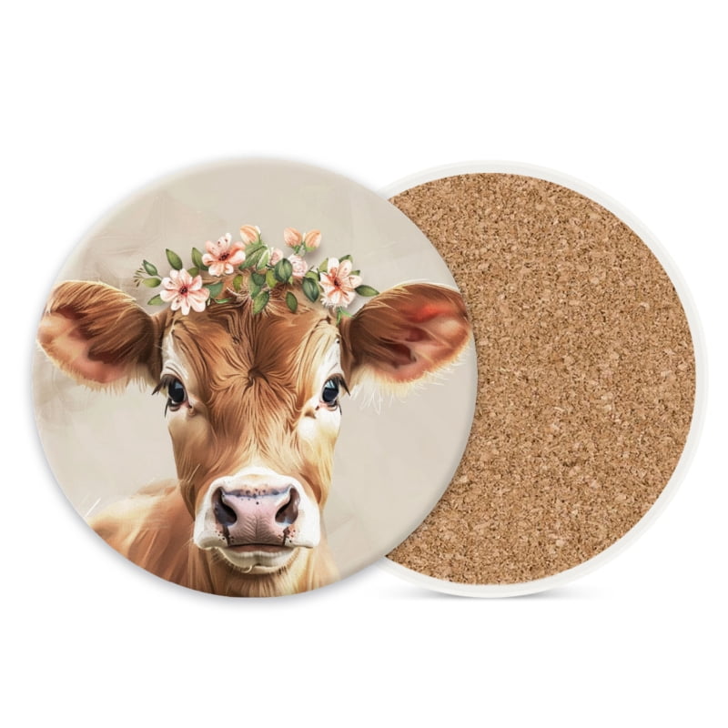 Ceramic Stone Coasters for Drinks Cup, Cute Baby Calf with Flower Crown ...