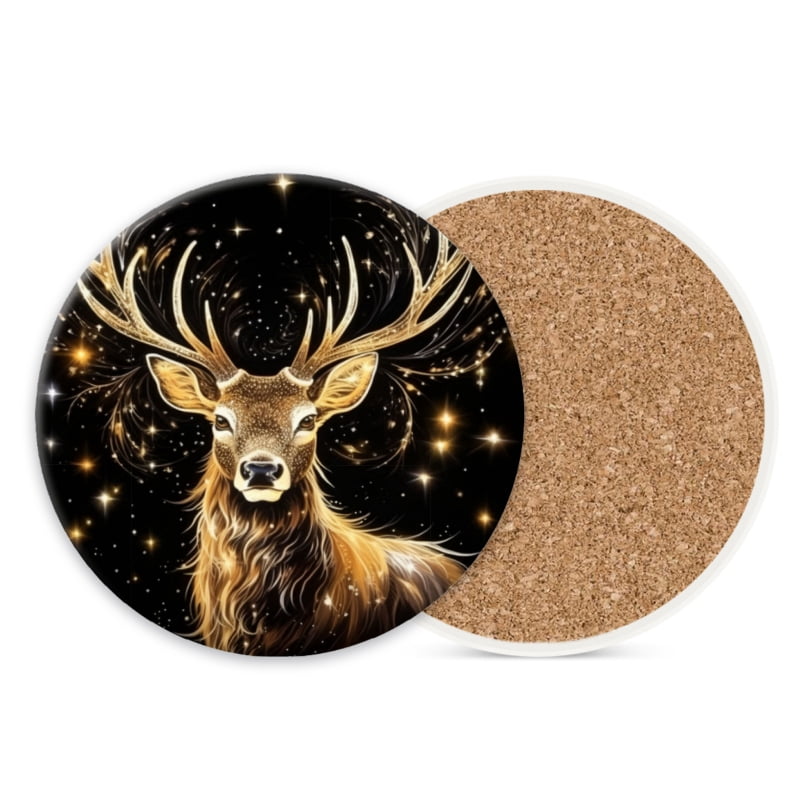 Ceramic Stone Coasters for Drinks Cup, Deer with Golden Antlers and ...