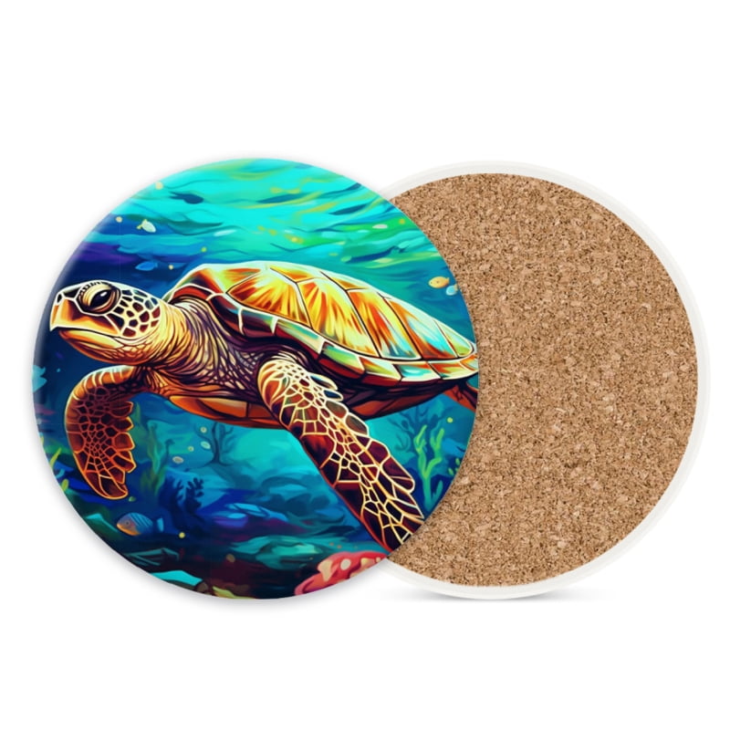 Ceramic Stone Coasters for Drinks Cup, Sea Turtle Swimming in Ocean ...