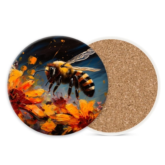 Ceramic Stone Cork Drink Coasters Set of 1, Bee on Flowers Round ...
