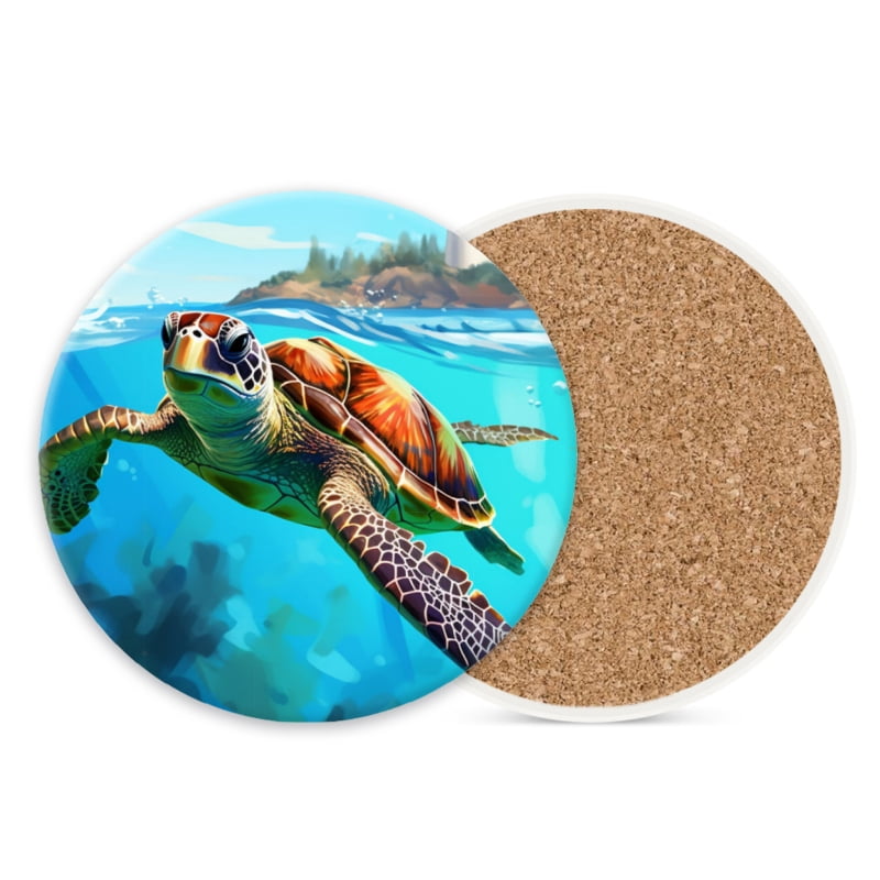 Ceramic Stone Cork Drink Coasters Set of 1, Cute Cartoon Sea Turtle ...