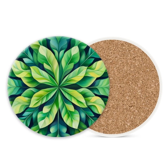 Ceramic Stone Cork Drink Coasters Set of 1, Green Leaves Pattern Round ...