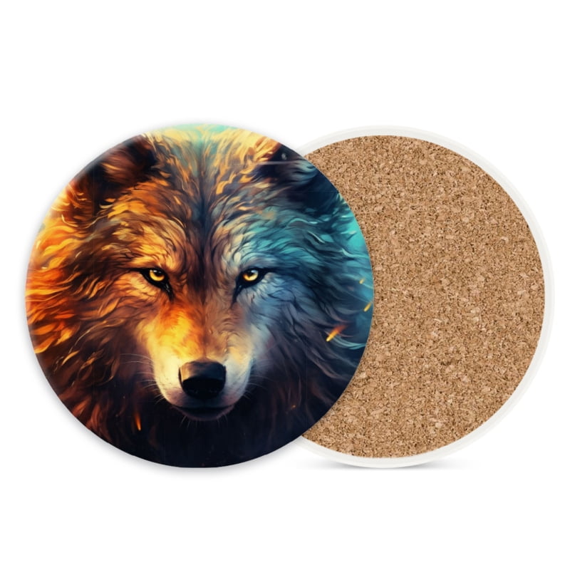 Ceramic Stone Cork Drink Coasters Set of 1, Majestic Wolf with Piercing ...